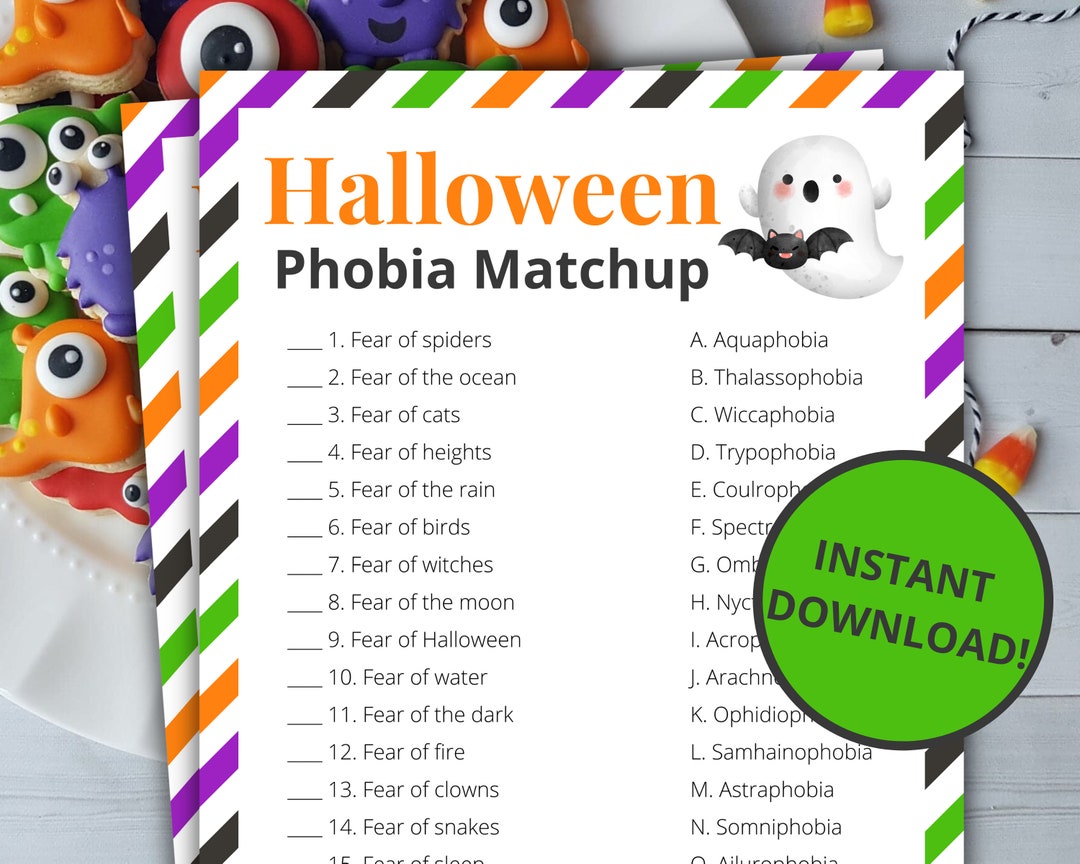 Halloween Phobia Matchup Game | Printable Halloween Game | Halloween ...