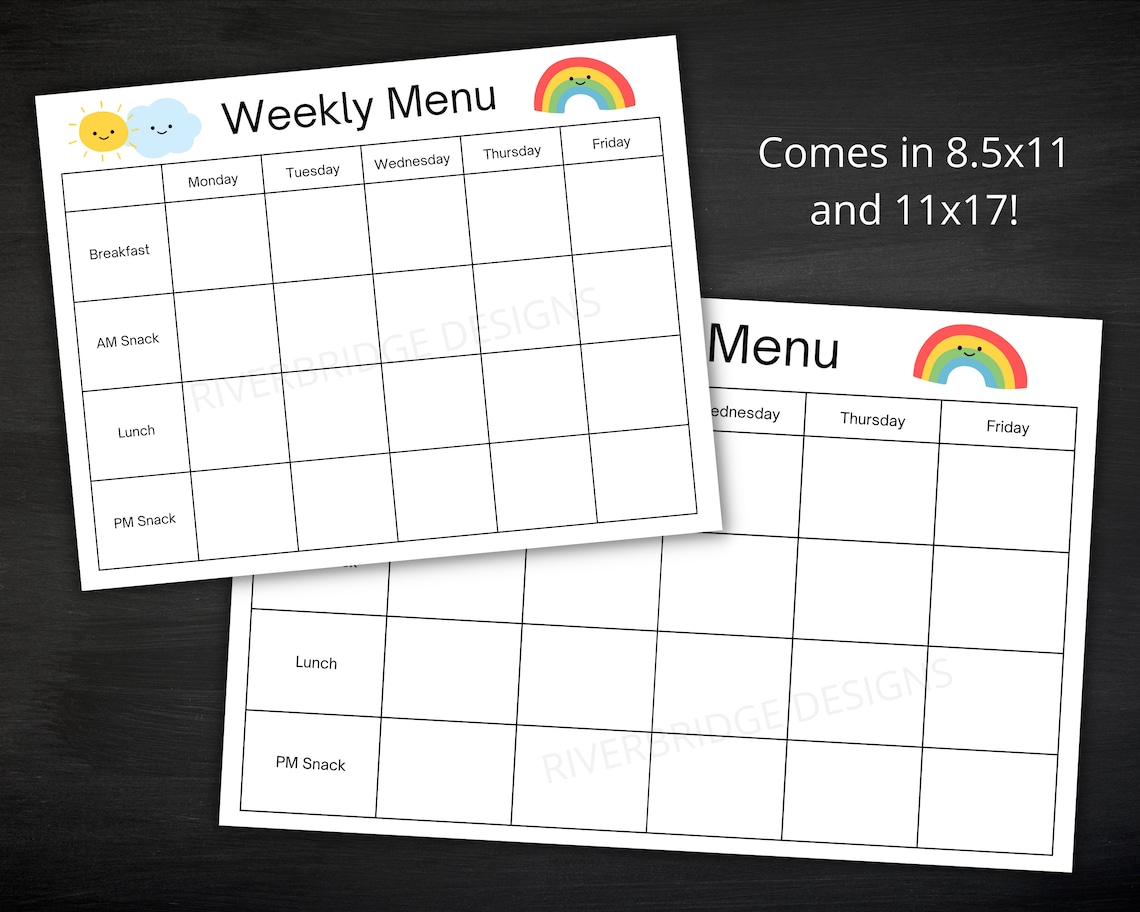 Daycare Weekly Menu | Printable Weekly Menu for Daycare, Preschool ...