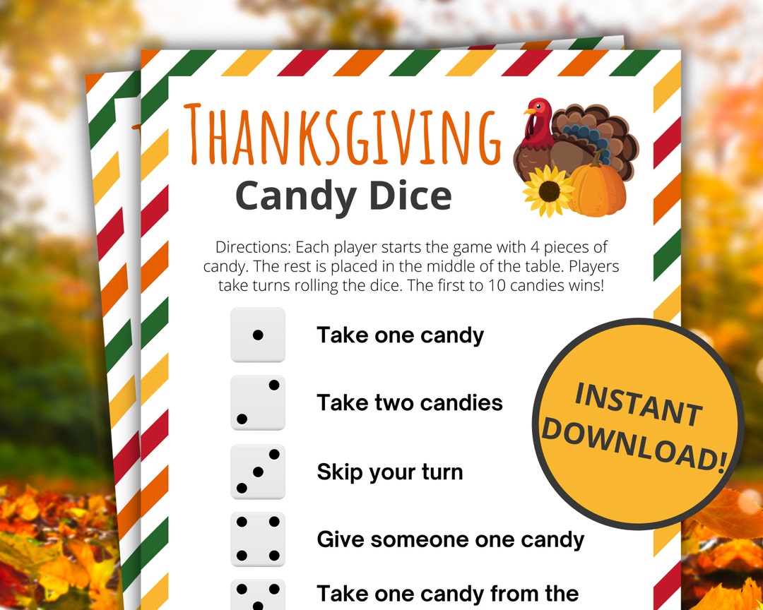 Thanksgiving Candy Dice | Printable Thanksgiving Game | Thanksgiving ...