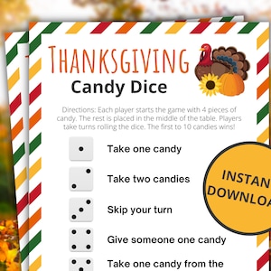 Thanksgiving Candy Dice | Printable Thanksgiving Game | Thanksgiving ...