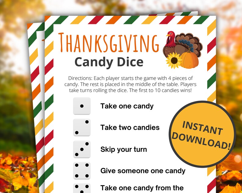 Thanksgiving Candy Dice | Printable Thanksgiving Game | Thanksgiving ...