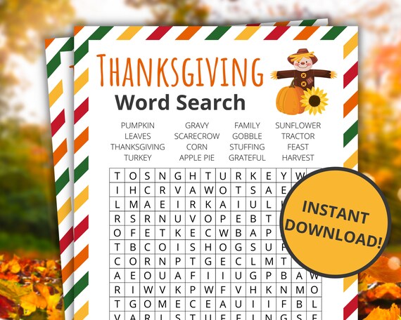 Thanksgiving Word Search Printable Thanksgiving Game - Etsy