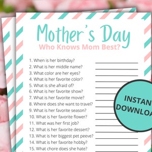 Mother's Day Who Knows Mom Best Printable Games for Kids and Adults ...