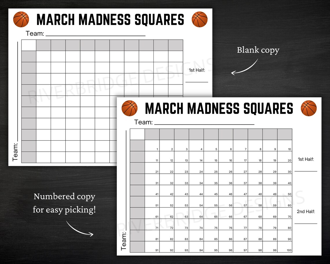 March Madness Squares Printable March Madness Game NCAA - Etsy