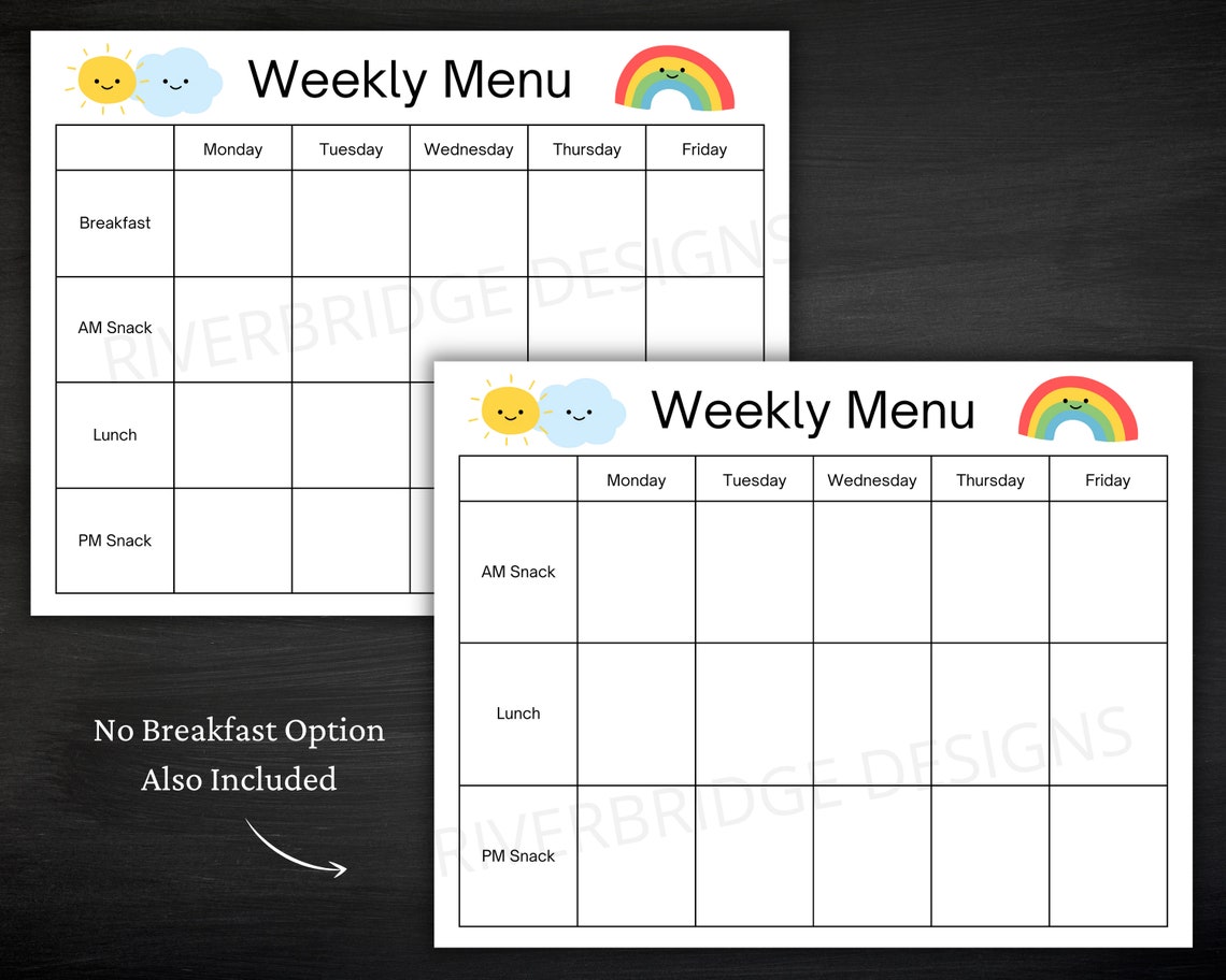 Daycare Weekly Menu | Printable Weekly Menu for Daycare, Preschool ...