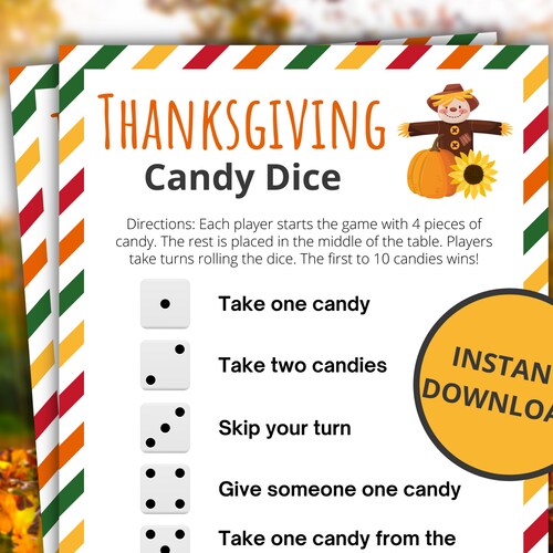 Thanksgiving Candy Dice Game Printable Turkey Kids Activity - Etsy