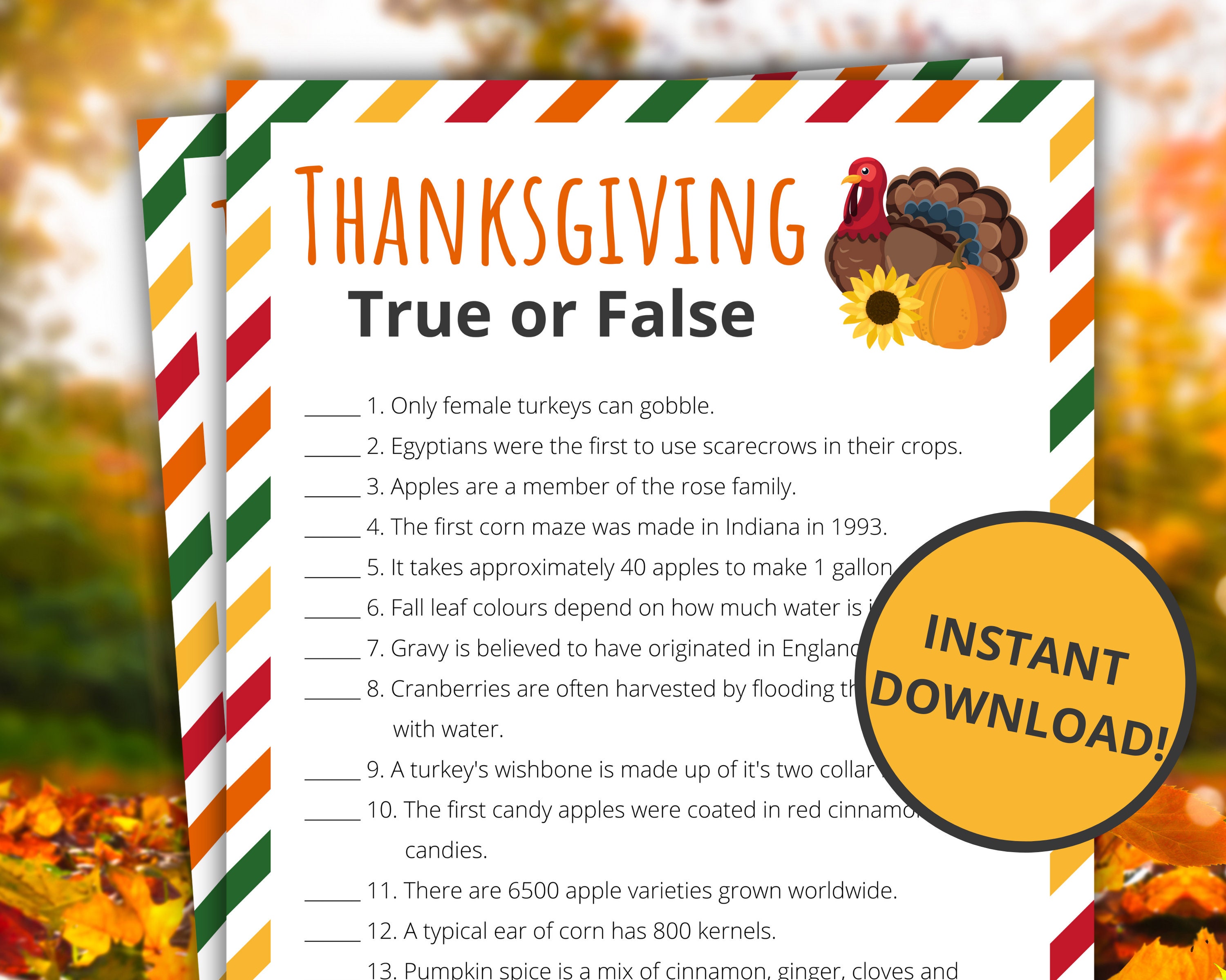 Thanksgiving True or False Game | Printable Thanksgiving Game ...