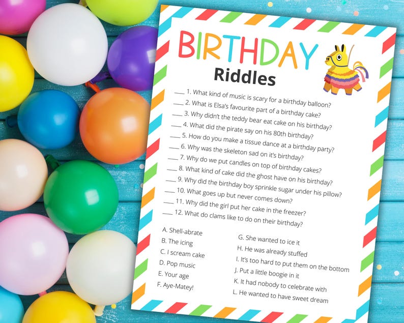 Birthday Riddles | Printable Birthday Party Game | Birthday Activity ...