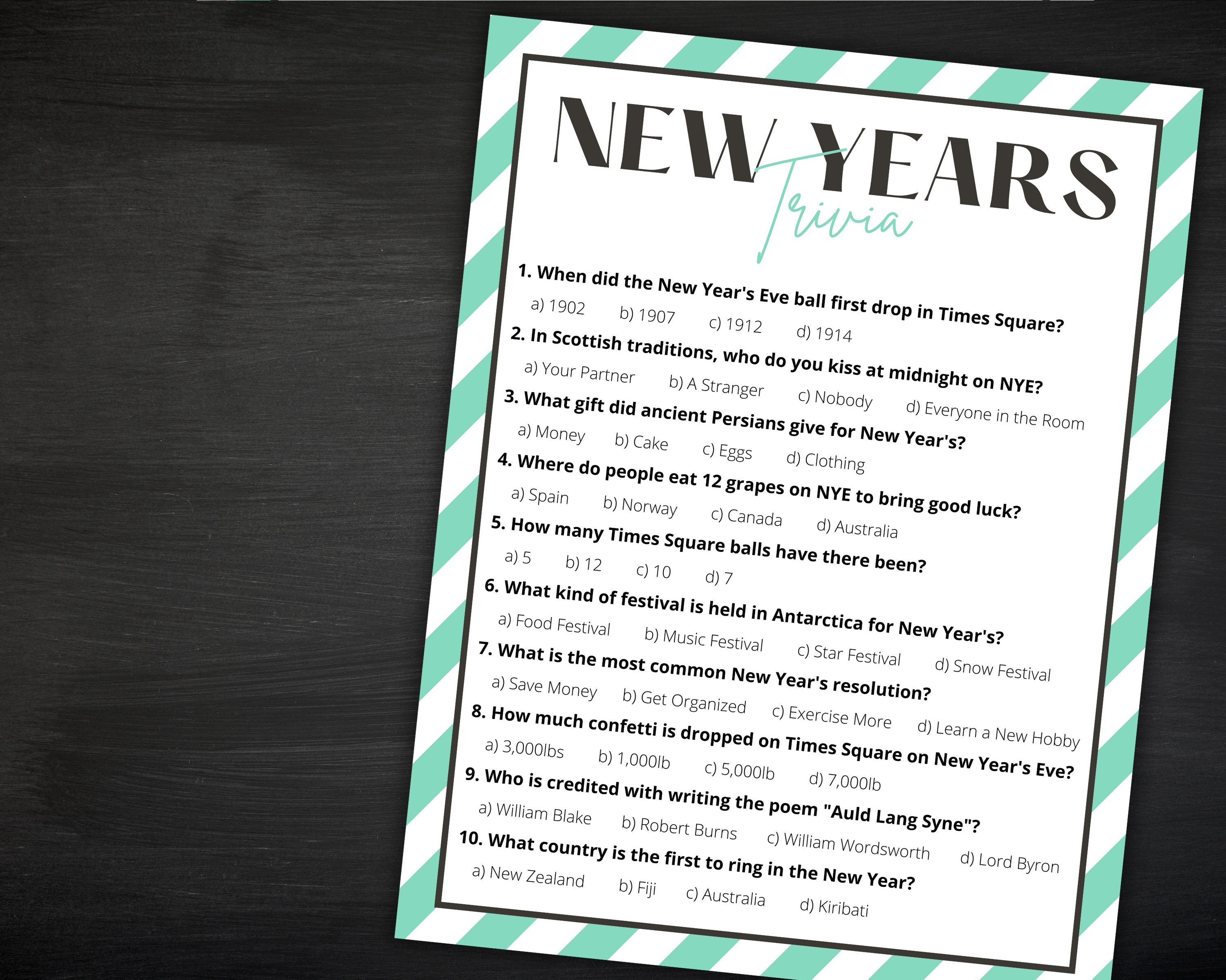 New Year's Eve Trivia | Printable New Year's Game | New Years Activity ...