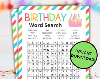 Birthday Word Search | Birthday Party Game | Birthday Party Activity ...
