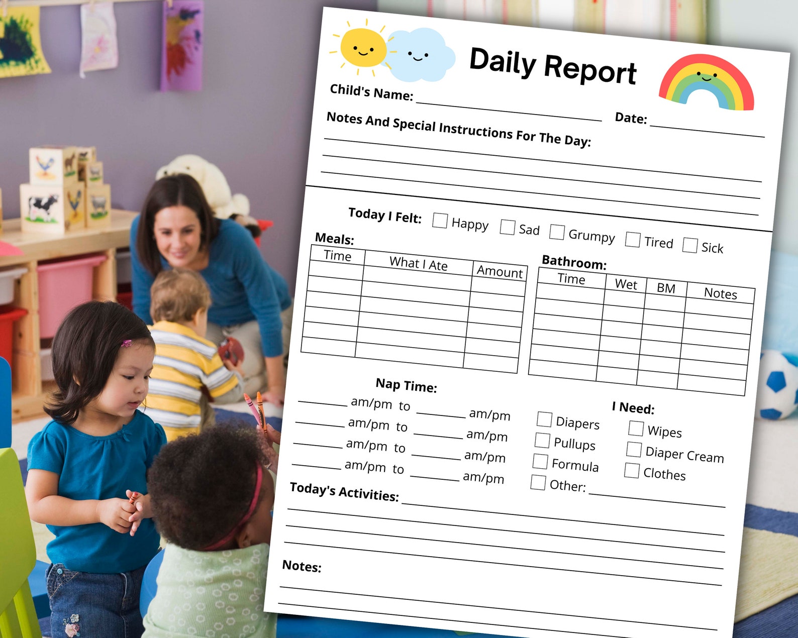 Toddler Daily Report | Daily Log for Daycare, Preschool, Nanny ...