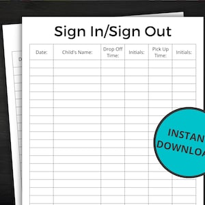 Sign in Sheets for Daycare, School, Preschool, Sports, Recreational ...