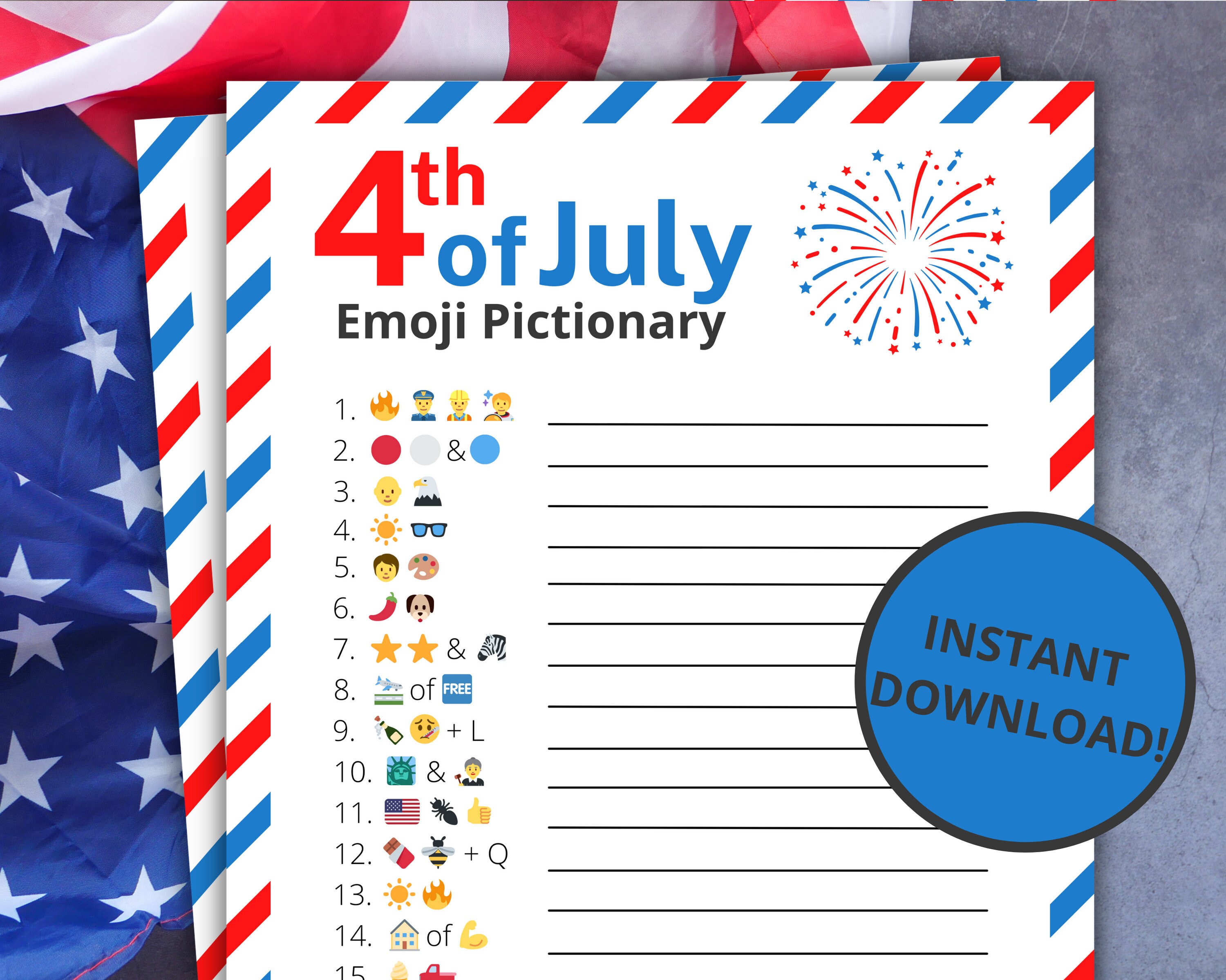 Fourth of July Emoji Pictionary Printable Fourth of July Game ...