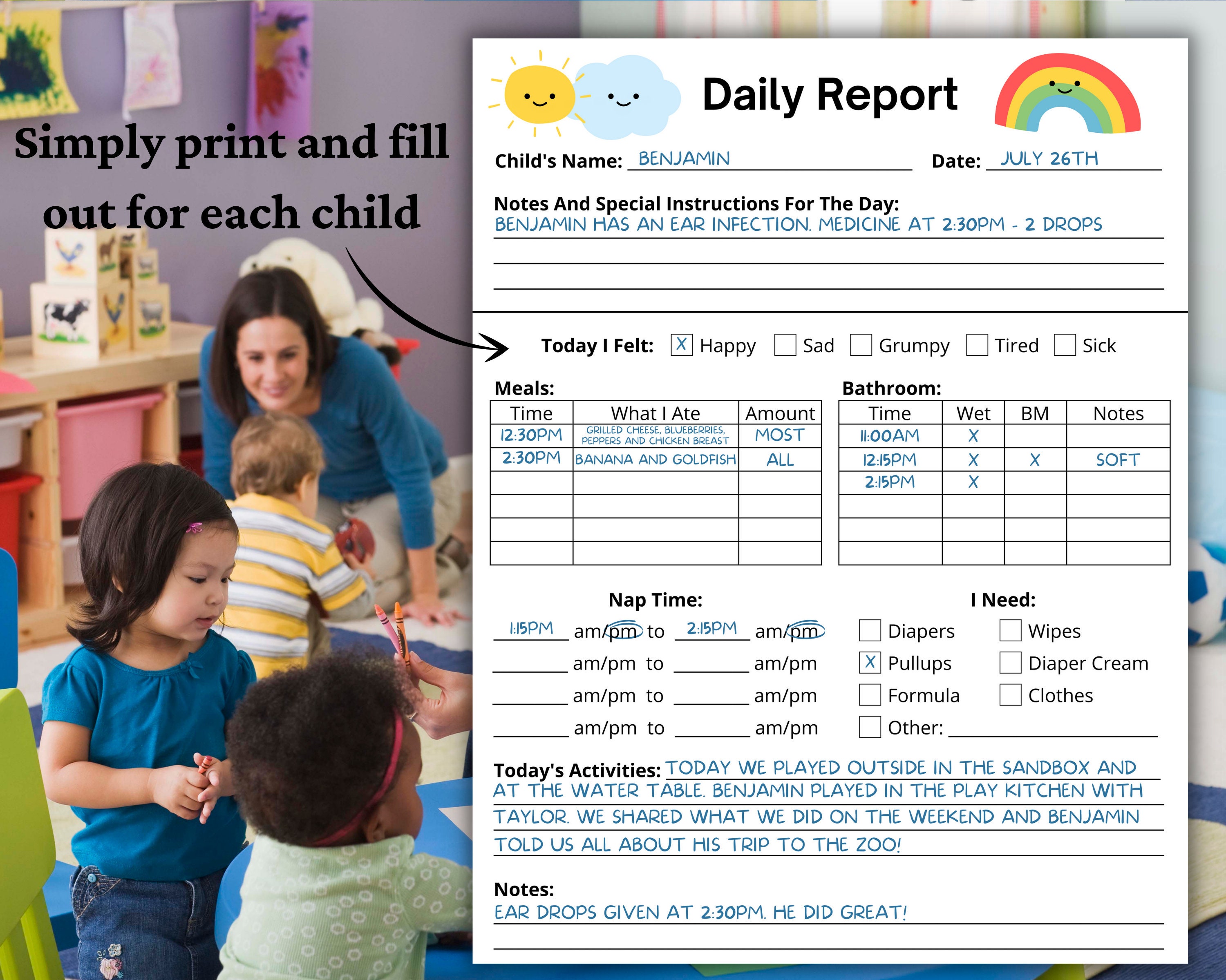Toddler Daily Report Daily Log for Daycare Preschool - Etsy