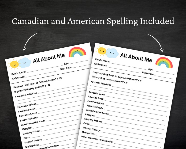 Daycare All About Me Form | Daycare Questionnaire | Get to Know Me ...