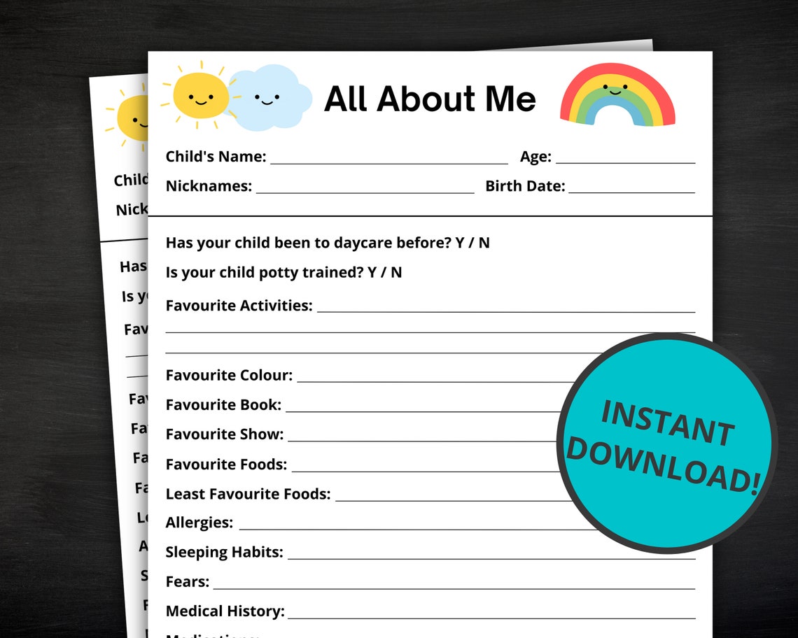 Daycare All About Me Form Daycare Questionnaire Get to - Etsy
