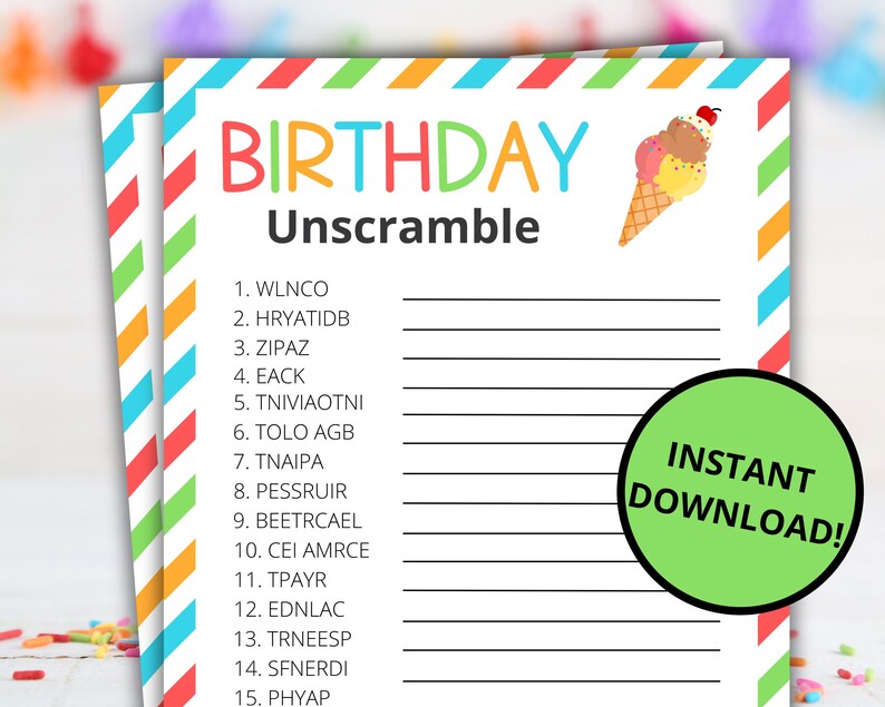 Birthday Unscramble | Printable Birthday Party Game | Birthday Activity ...