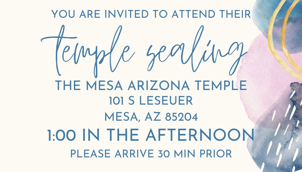Editable LDS Blue and Pink Watercolor Brush Wedding Invitation/temple ...