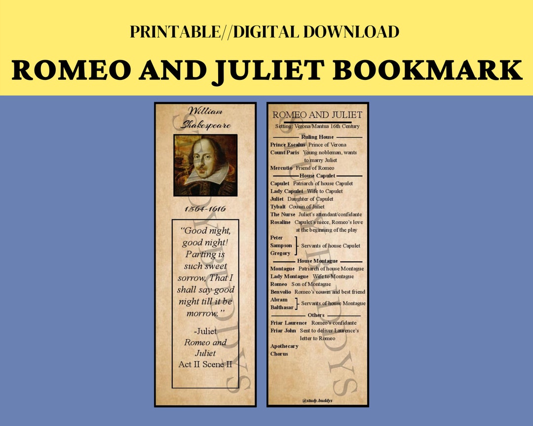 Shakespeare Romeo and Juliet Bookmark/character List - Homeschool ...