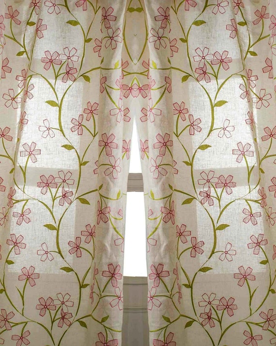 Ivory Organic Linen Sheer With Floral Embroidery Sheer Panel - Etsy