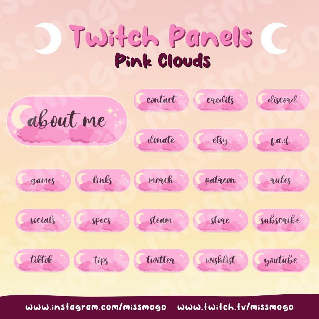 Pink Cloud and Moon Panels for Twitch | Cute Panels for Streamers ...