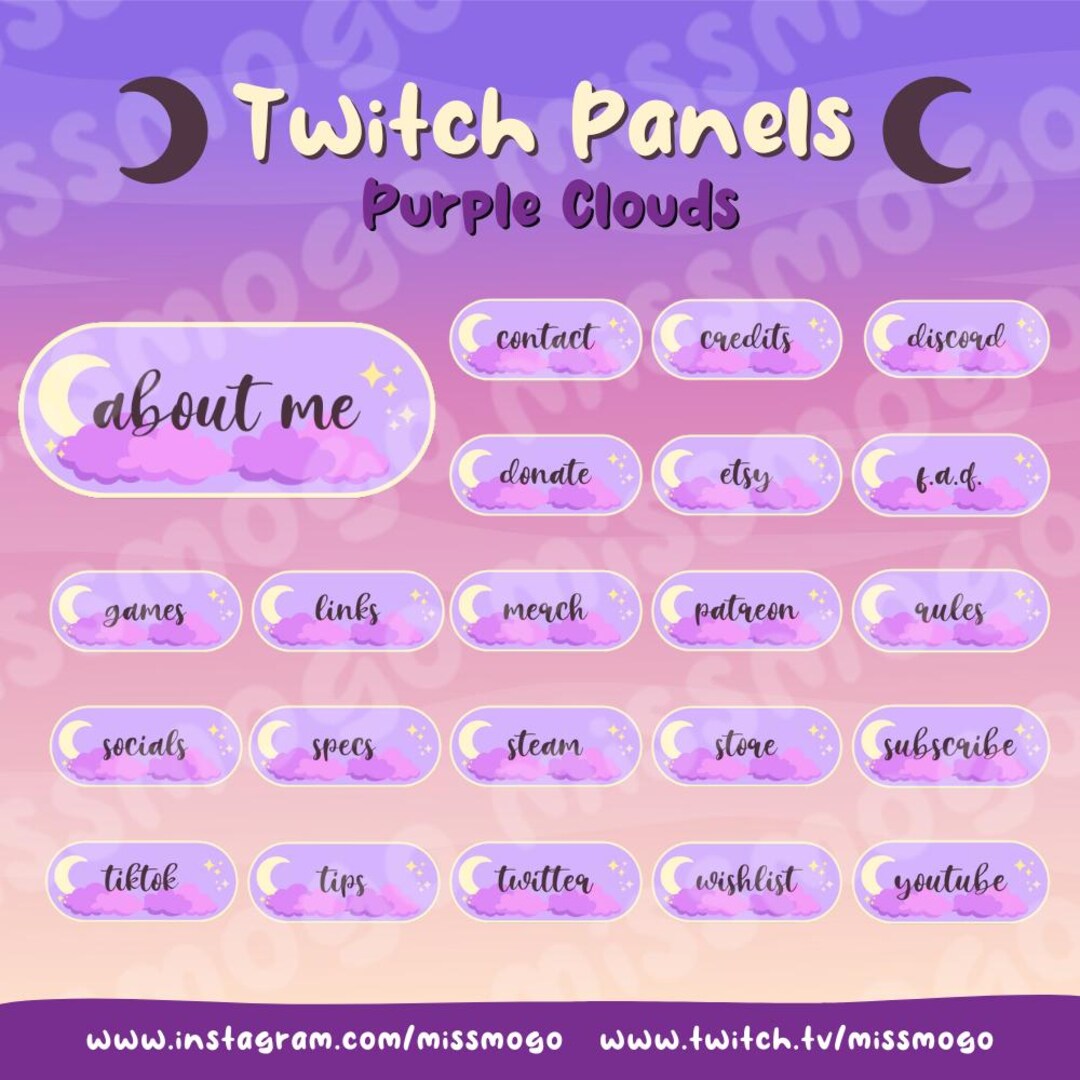 Purple Cloud and Moon Panels for Twitch | Cute Panels for Streamers ...