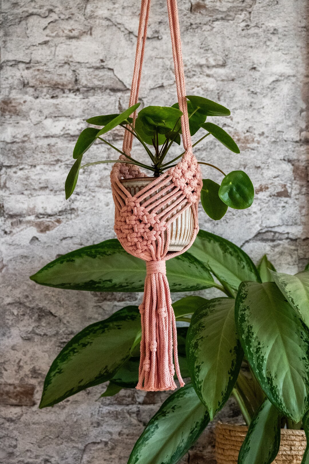 Macrame Hanging Basket, Plant Basket for Smaller Containers in PINK ...