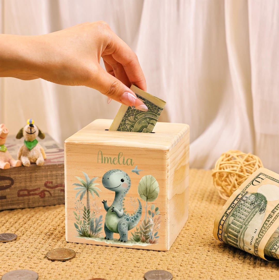 Personalized Dinosaur Wooden Piggy Bank, Kids Coin Bank - Etsy