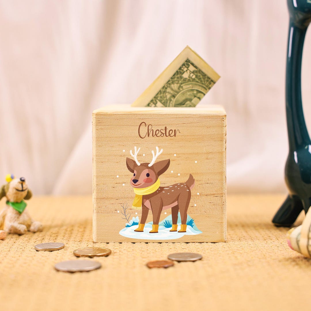 Personalized Wooden Animal Piggy Bank: Fox, Bear, Deer, and More - Etsy