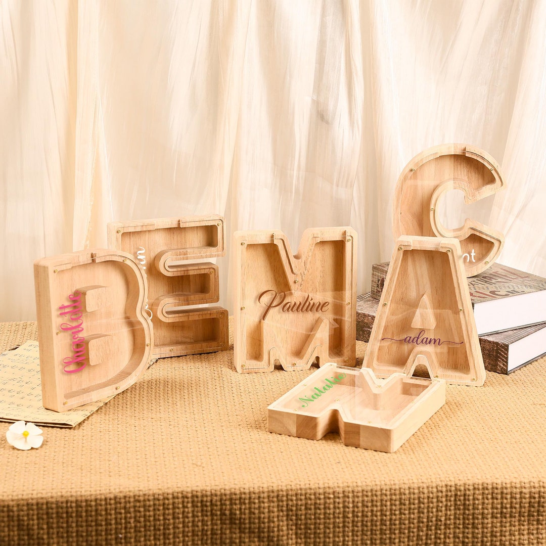 Custom Wooden Letter Money Box, Personalize Initial Money Box With Name ...
