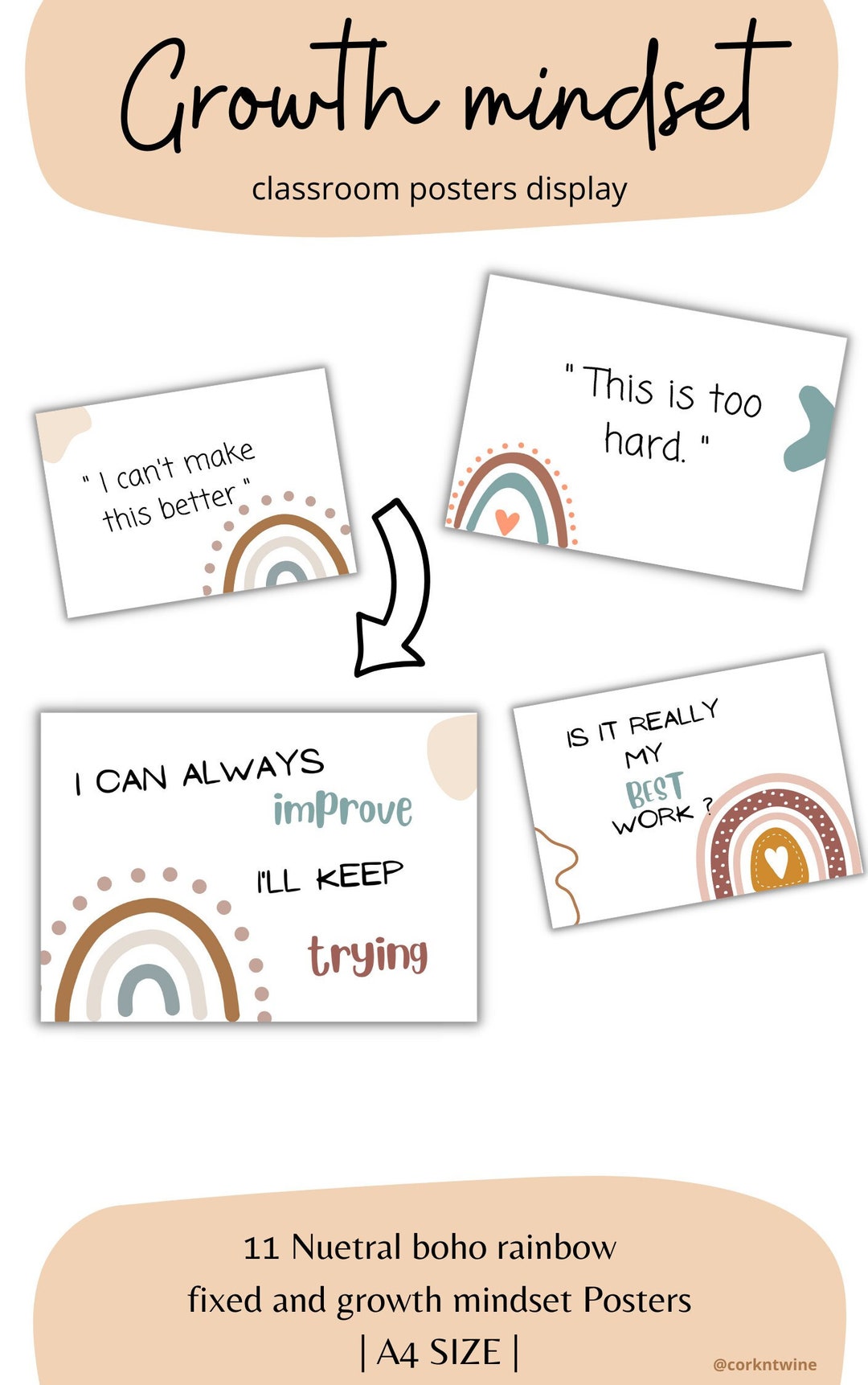 Neutral Boho Rainbow Growth Mindset Posters - Etsy