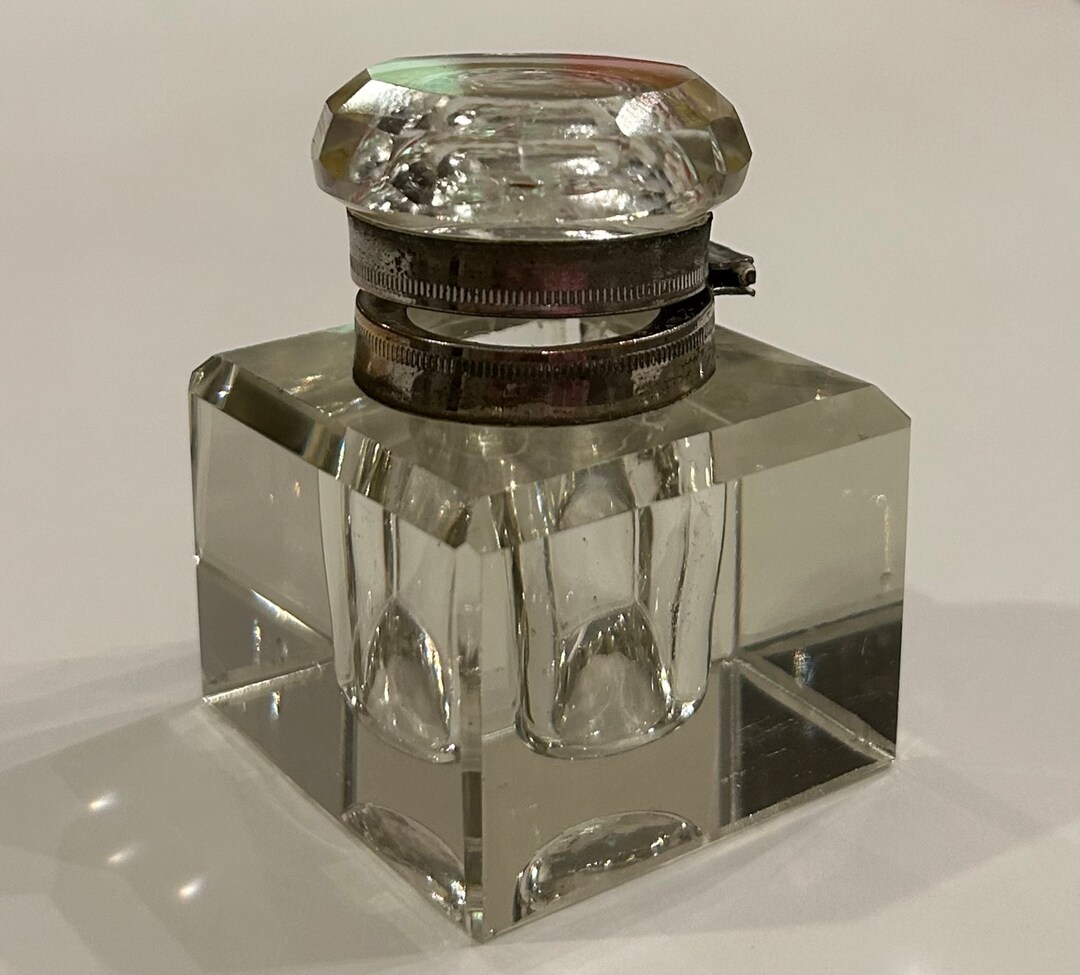 Antique Lead Crystal Inkwell With Faceted Lid Silver Tone Metal Collar ...
