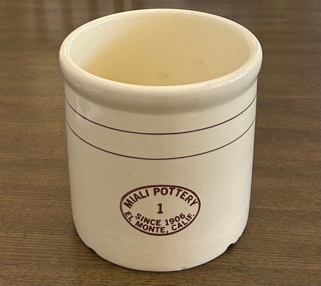 Vintage MCM MIALI POTTERY 1 Gallon Glazed Stoneware Crock With Brown ...