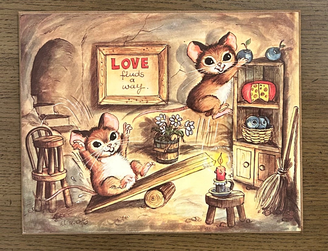 Vintage WM Otto Decoupage Print Wooden Wall Art Mice “love Finds A Way ...