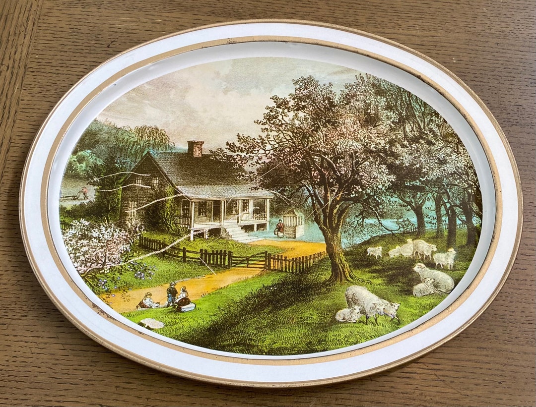 Vintage Oval Metal Serving Tray With the AMERICAN HOMESTEAD-SPRING ...