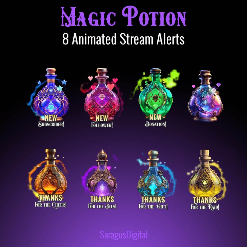 Magic Potion Bottles Twitch Alerts, Witchcraft Aesthetic Stream Alerts, Animated Wizard and ...