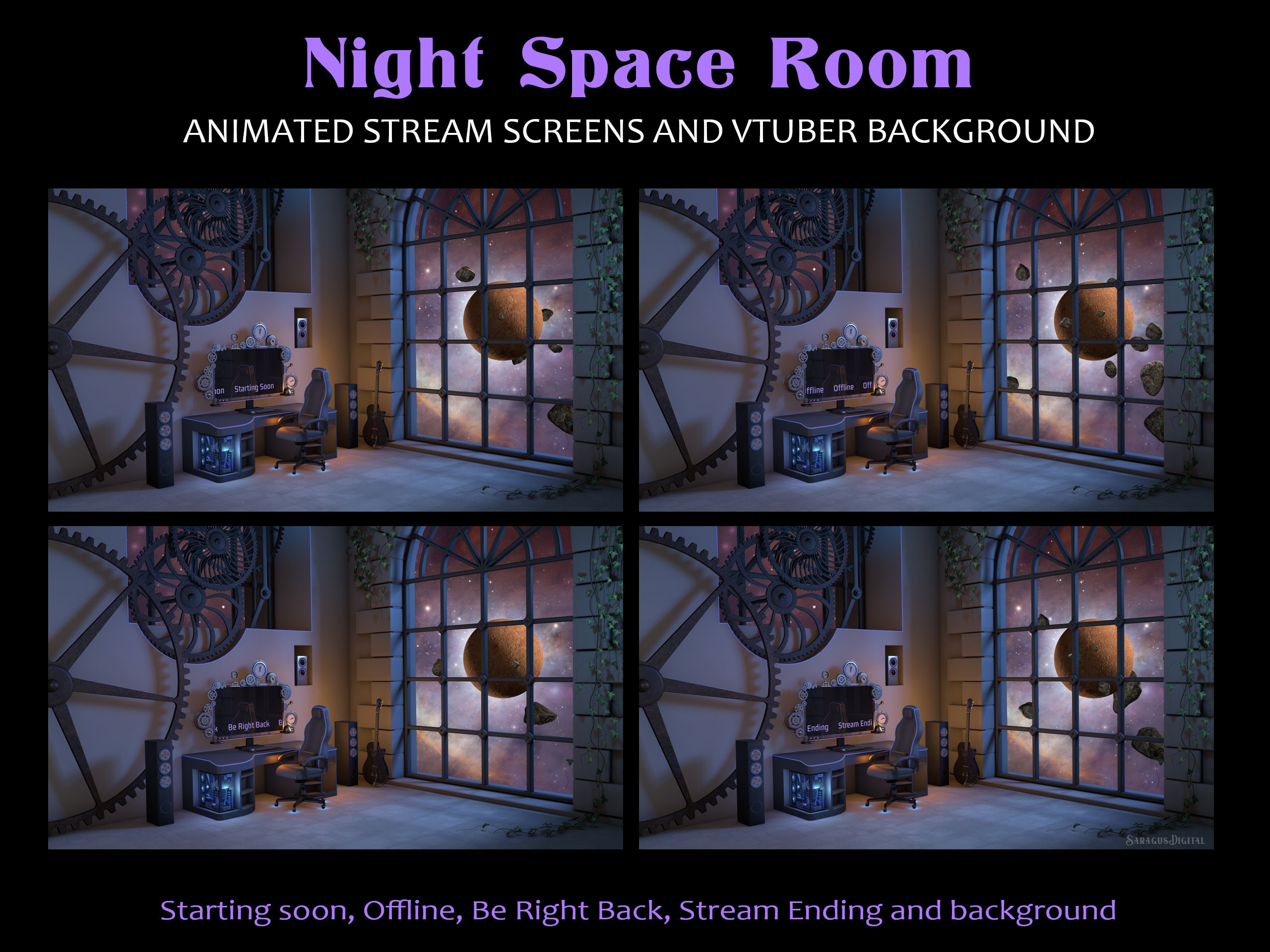 Space Streamer Room, Twitch Overlay, Night Vtuber Background, Animated ...