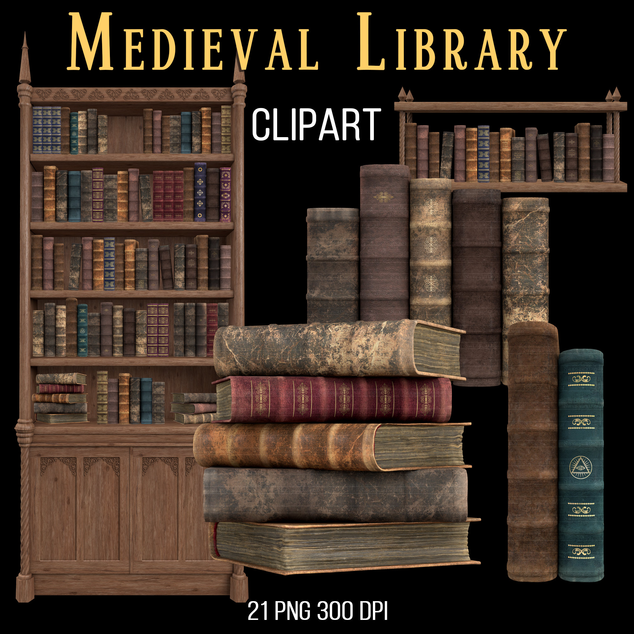 Old Books Clipart, Vintage Bookshelf, Retro Bookcase, Virtual Medieval ...
