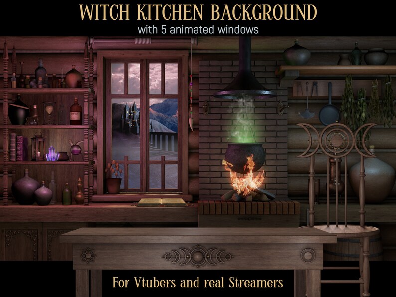 Animated Vtuber Background, Cozy Witch Kitchen, Twitch Overlay for Dark ...
