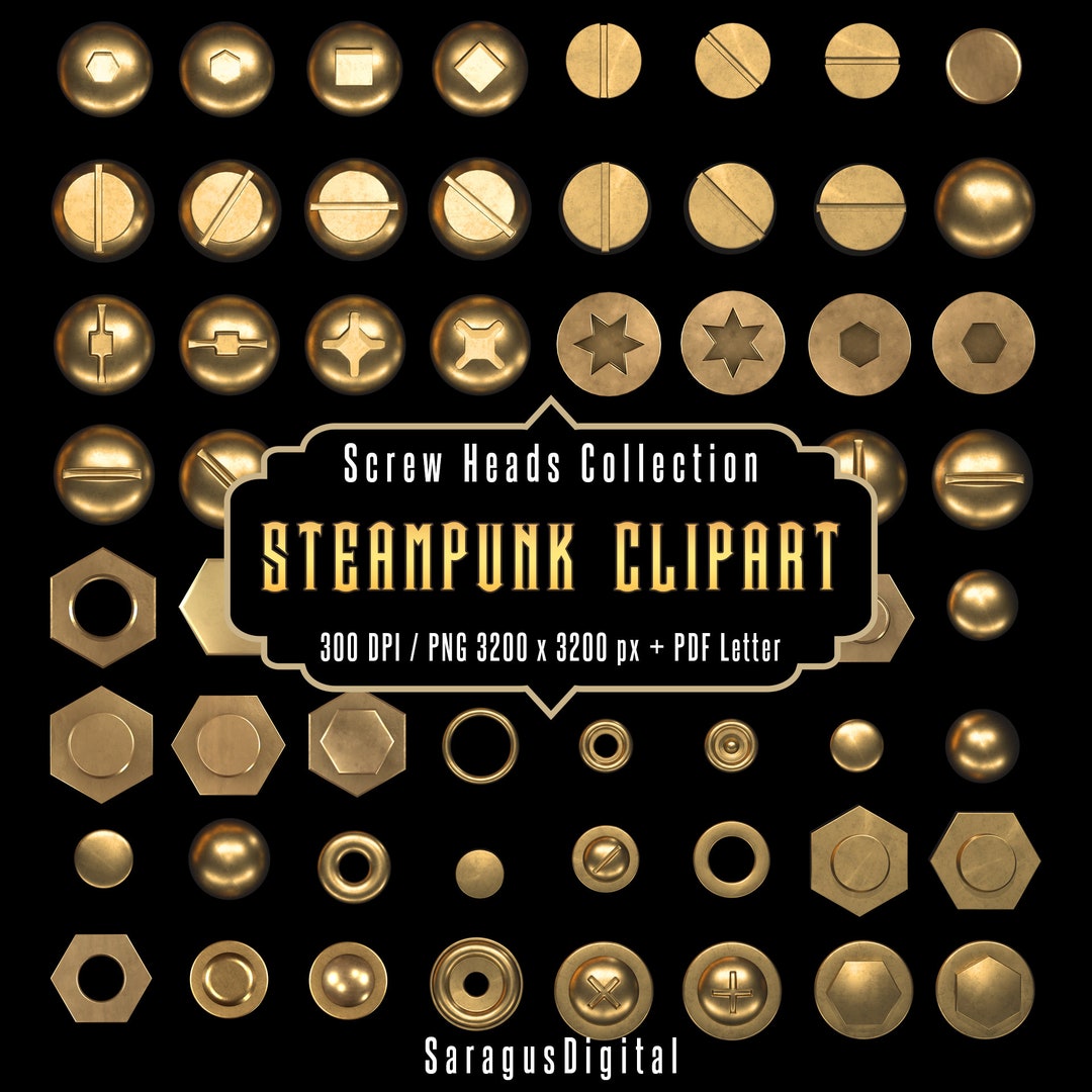Clipart Screw Heads, Steampunk Decor, Industrial Badge, Gold, Brass ...