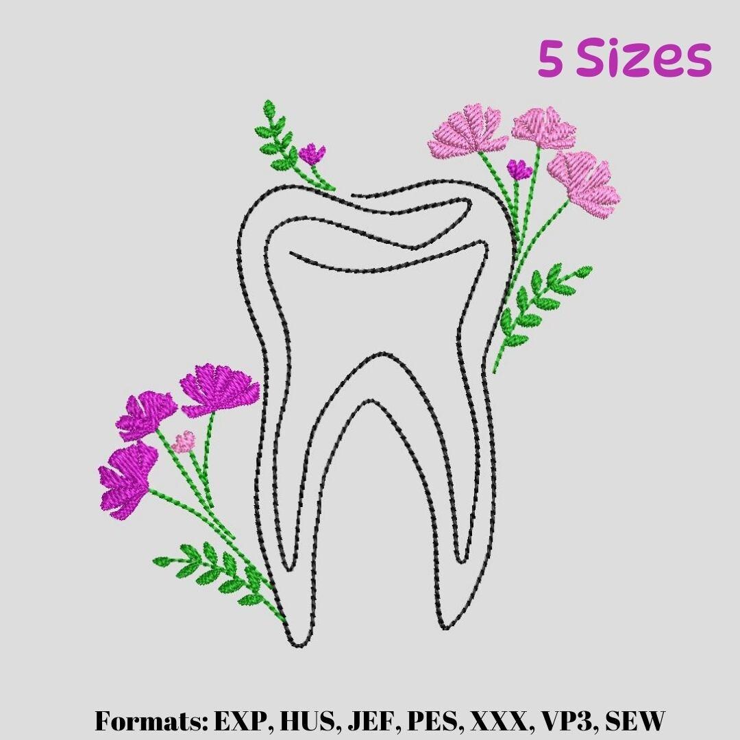 Tooth With Flower Machine Embroidery Designs, Dental Embroidery Digital ...