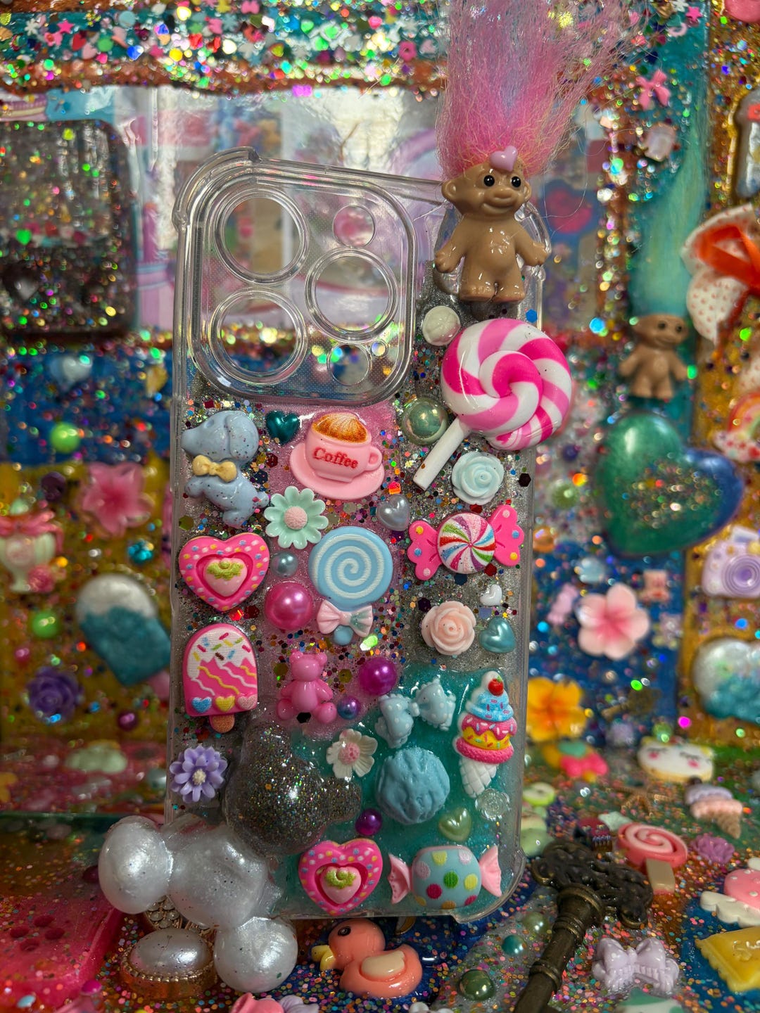 IPhone 16 Pro Case Handmade Kawaii – Glitter, Troll Doll & 3D Charms - Etsy