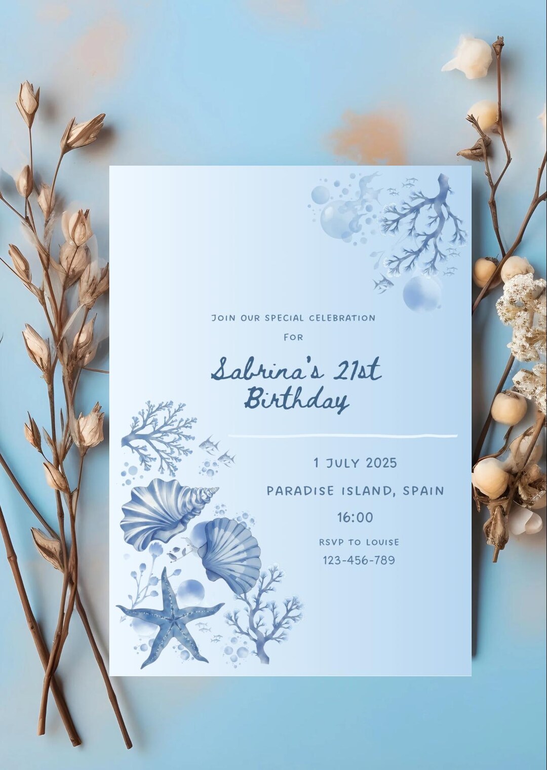 Beach Themed Birthday Invitation, Ocean Theme Party in Baby Blue ...