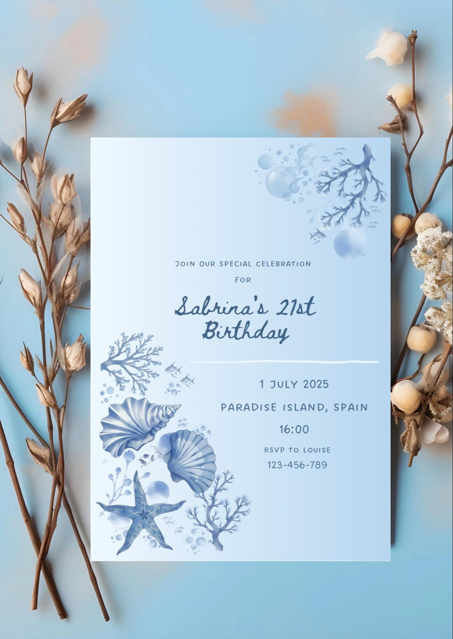 Beach Themed Birthday Invitation, Ocean Theme Party in Baby Blue ...