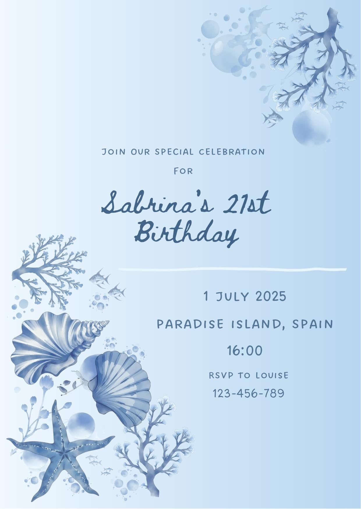 Beach Themed Birthday Invitation, Ocean Theme Party in Baby Blue ...