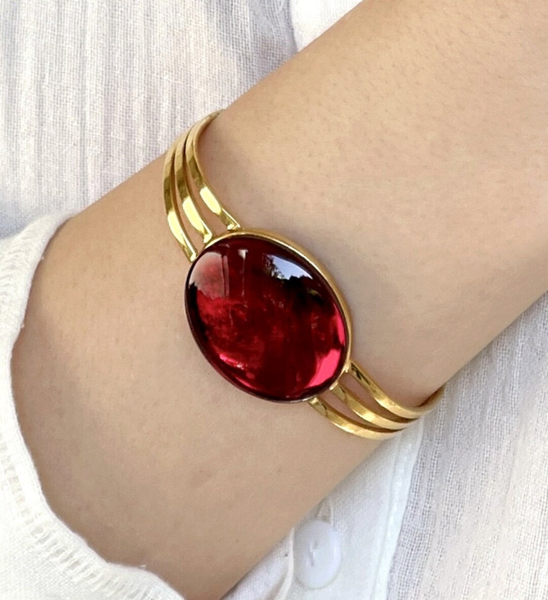 Silver Gold-plated & Cherry Amber Bangle Bracelet, Crown Cut Baltic ...