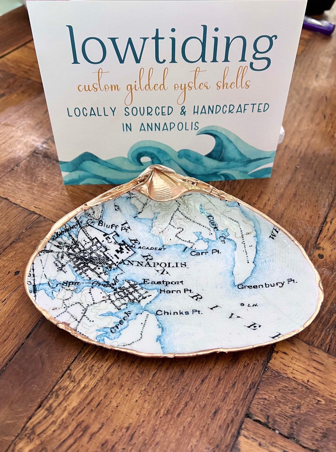 Gilded Annapolis Map Clam Shell: Vintage Blue & White Nautical Ring ...