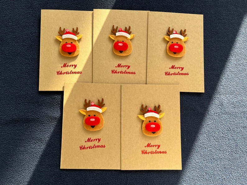 Set of 5 Handmade Reindeer Christmas Cards Set, Christmas Felt Cards ...
