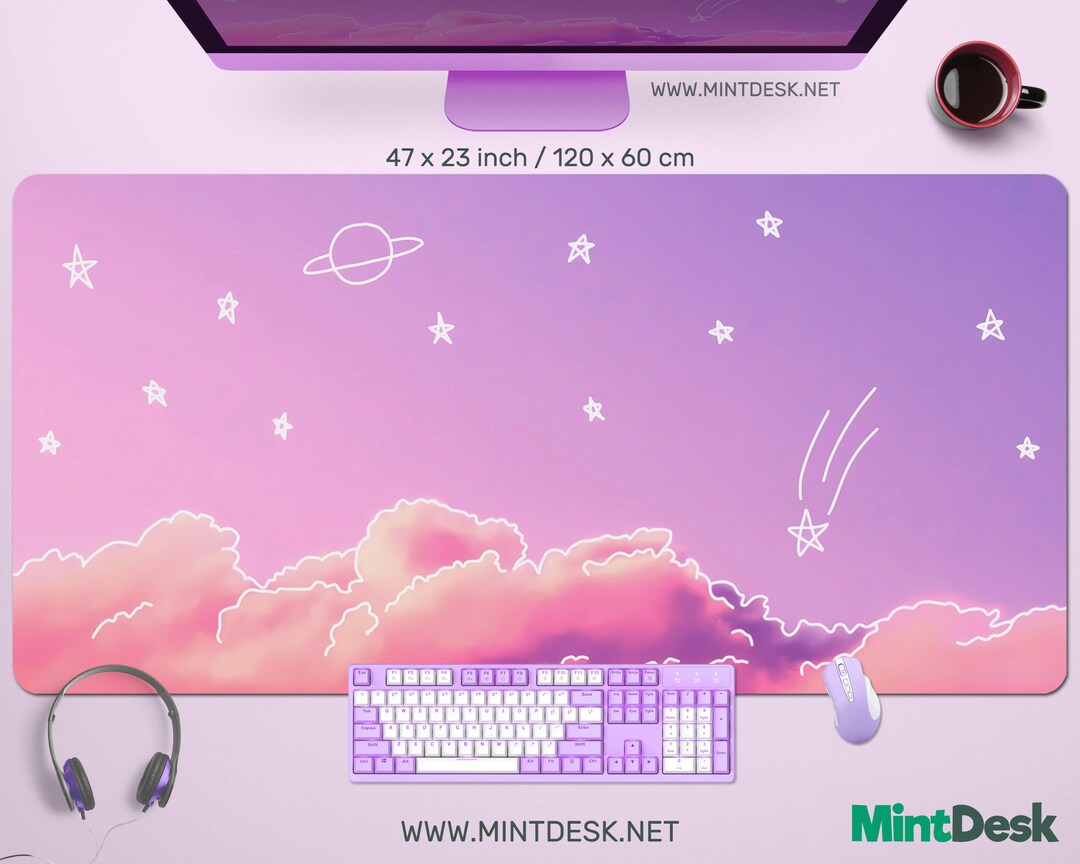 Bright Pink Cute Desk Mat, Pastel Sky Hand Drawn Kawaii Clouds Deskmat ...