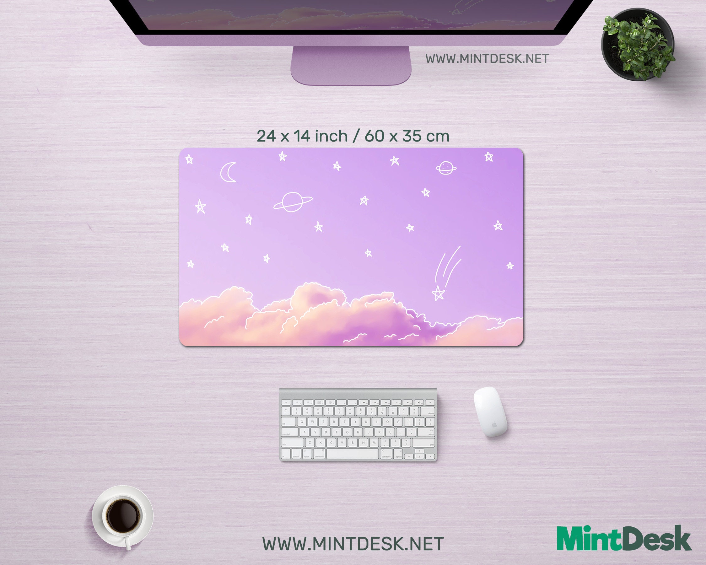 Peach Pink Cute Desk Mat Pastel Hand Drawn Kawaii Clouds - Etsy